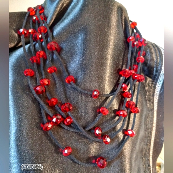 Jewelry | Ruby Red Glass Beads On Five Black Cords | Poshmark